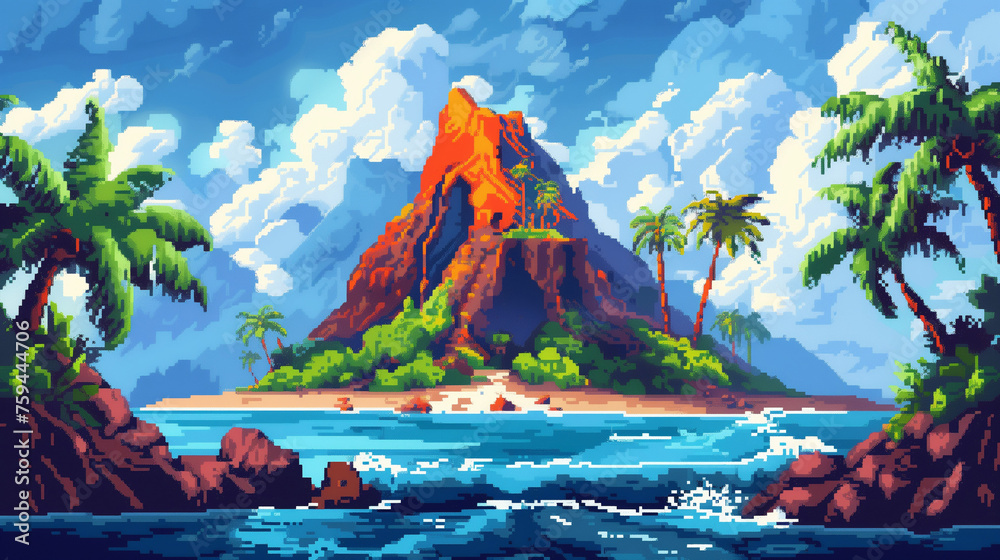 pixel art of tropical volcano island with blue sky , 16 bit ,32 bit ...