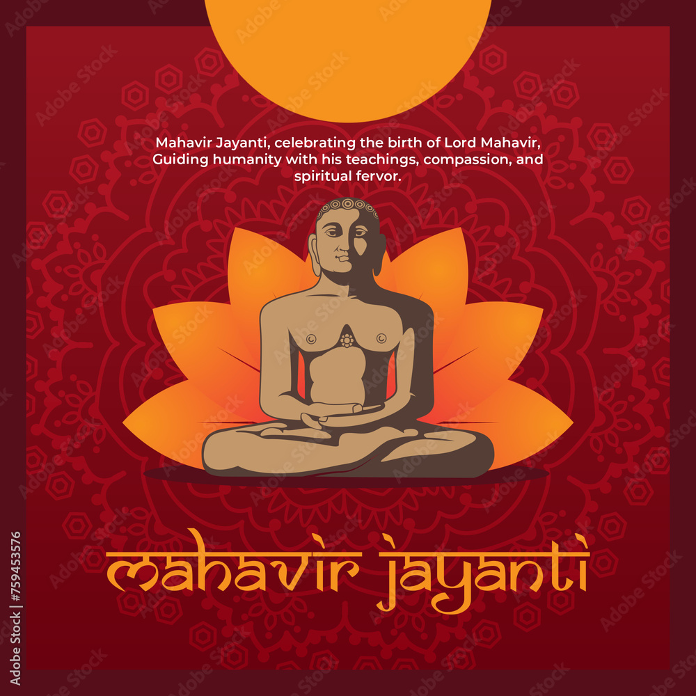 Mahavir Jayanti card with a red background, featuring an illustration ...