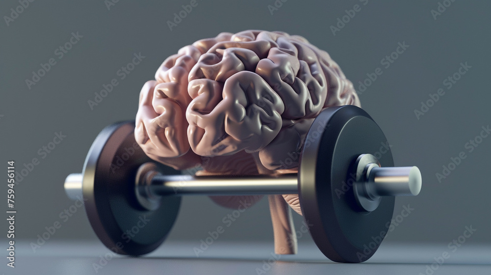 A surreal depiction of human figures with dumbbell weights as heads ...