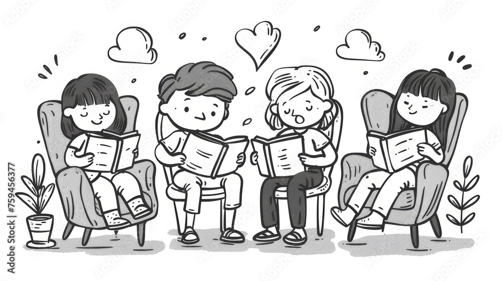 In this illustration, two children read books together in chairs. These ...
