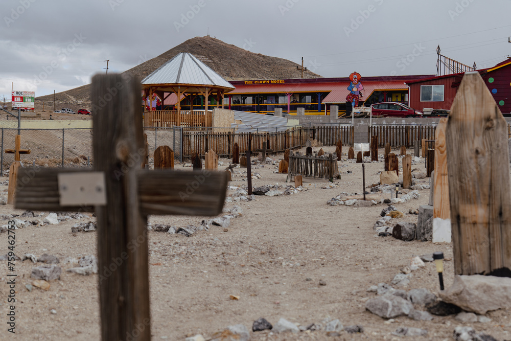 View of the Haunted clown motel from the historic cemetery in Tonopah ...