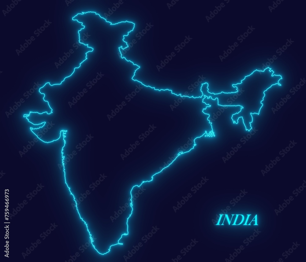 INDIA outline map with neon glowing lines on dark background ...
