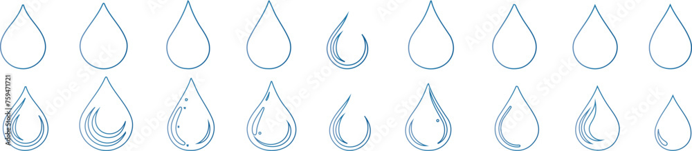 Water drop outlines set, blue gradient Water drop line art vector ...