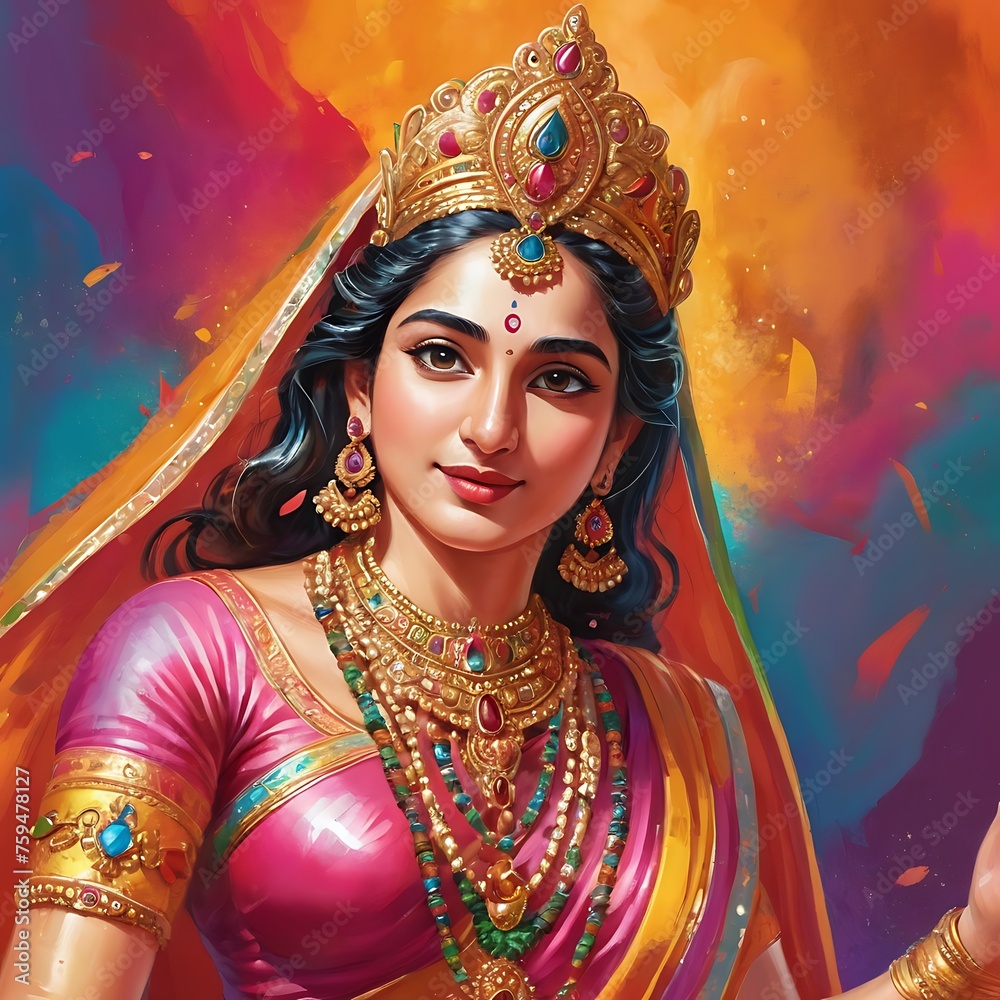 Colorful Oil Painting of Goddess Radha: Holi Festival Concept, Isolated ...