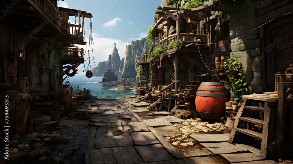 Deck of a pirate ship with a door to the captain's quarters and stairs ...