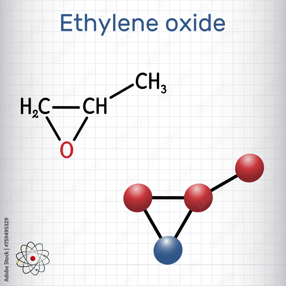 Propylene oxide molecule. Structural chemical formula, molecule model ...
