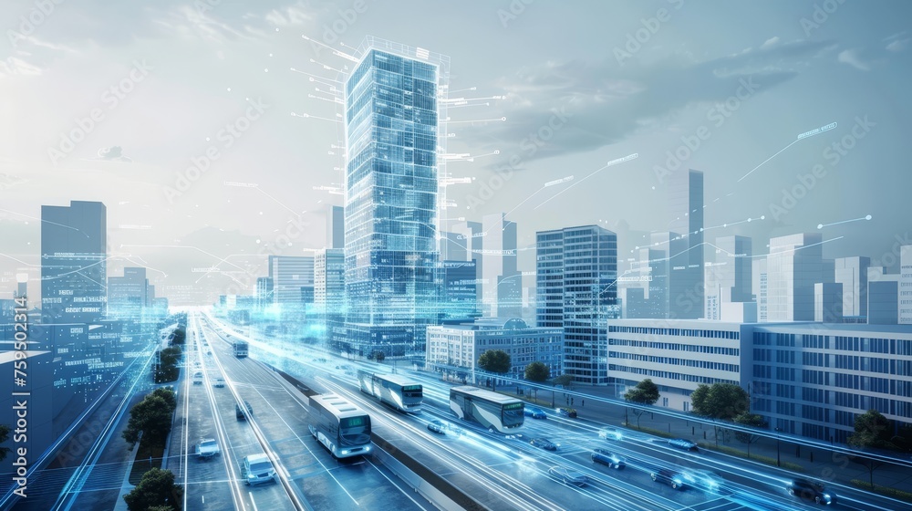 modern high - rise building of the future alongside advanced road ...