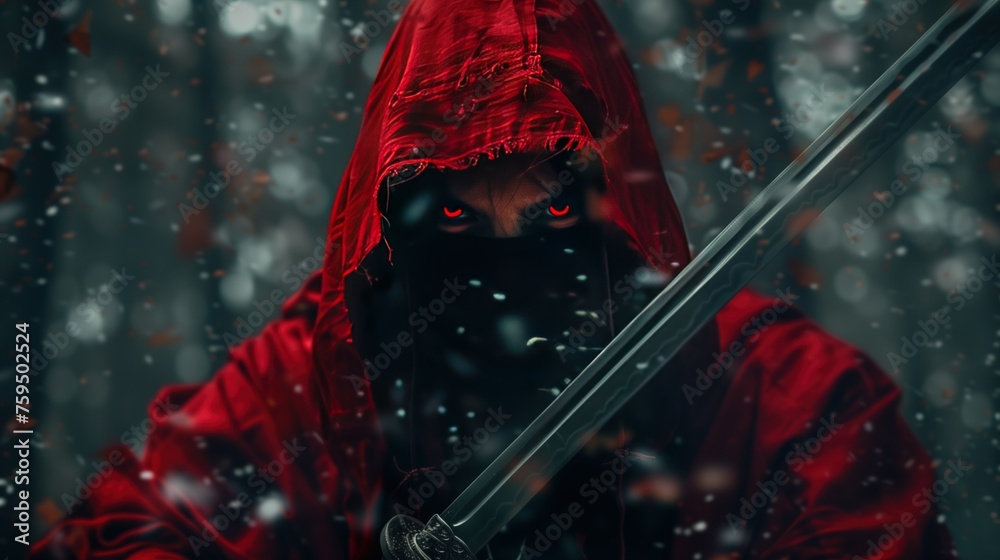 The Crimson Assassin, A menacing figure in a red hood and mask holds a ...