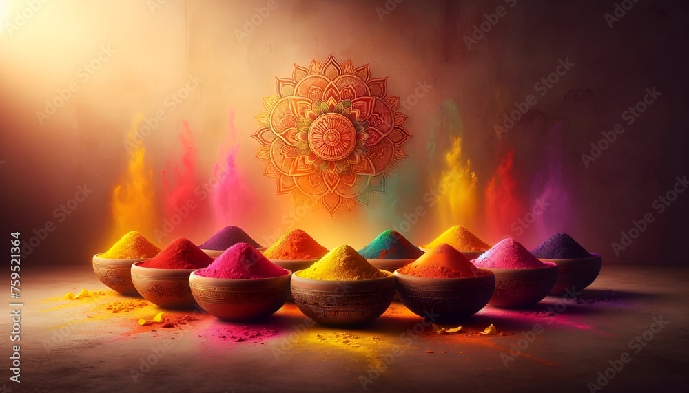 Rang panchami background with colored powders arranged in bowls. Stock ...
