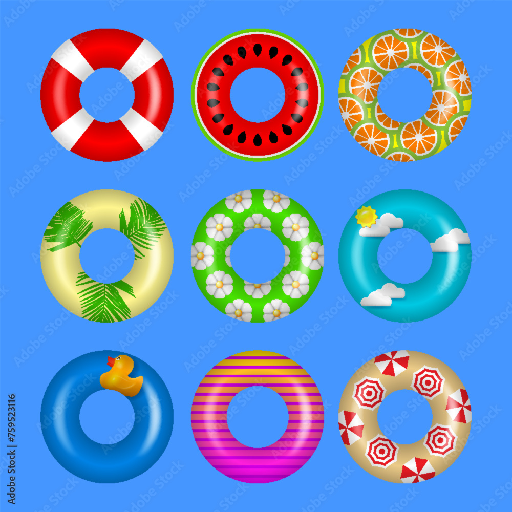 Inflatable lifebuoys set. Life buoys with different color and patterns ...