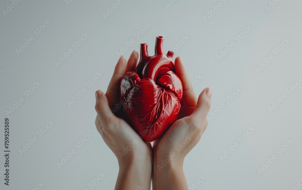 Two hands gently hold a lifelike model of a human heart, presenting it ...