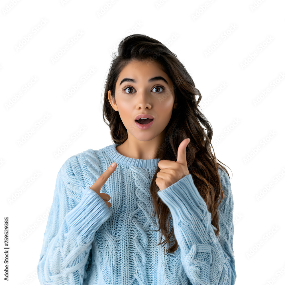 25-30 year old female. latino. wearing a light blue sweater. very ...