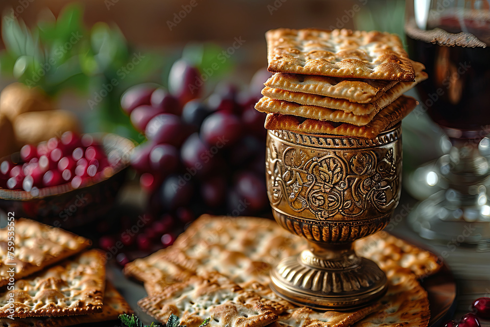 Festive table bound for a traditional Passover seder with a cup of ...