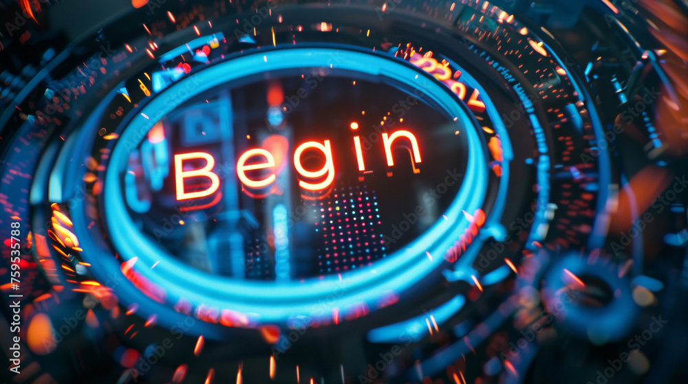 A neon sign illuminates the word Begin in a vibrant blue hue, standing ...