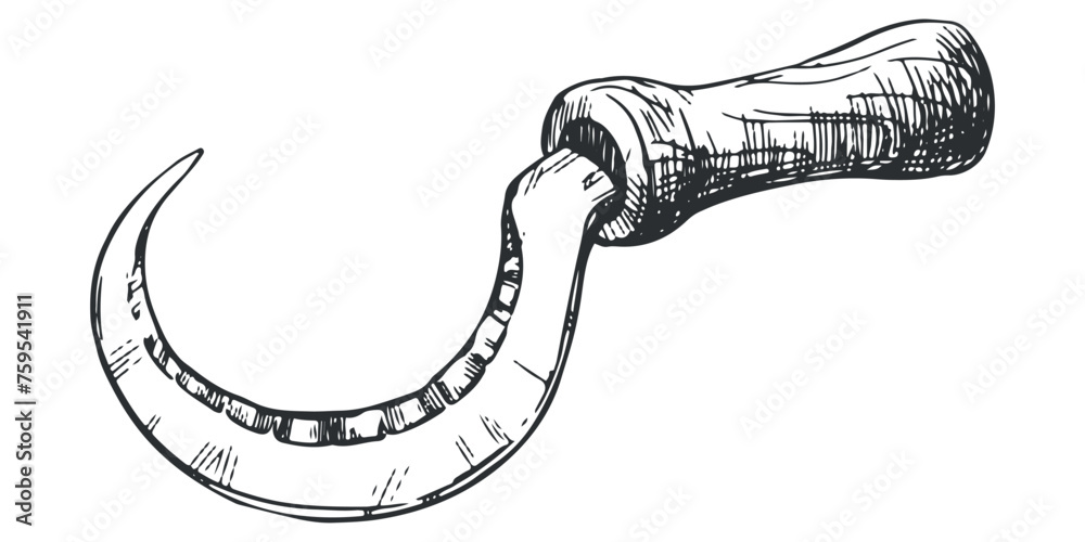Linear ink drawing of sickle icon. Vector sickle for cutting herb ...