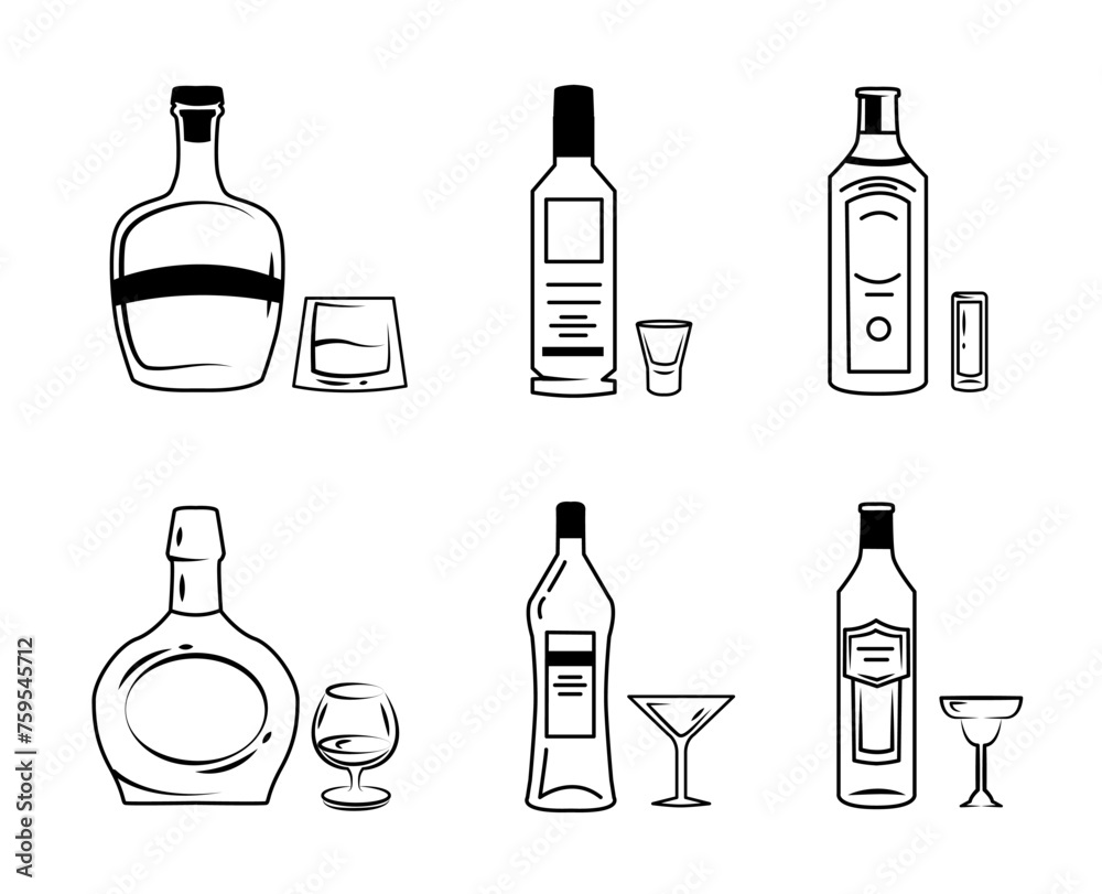 Vetor de Bottles for alcohol doodle set. Hand drawn set of alcoholic ...