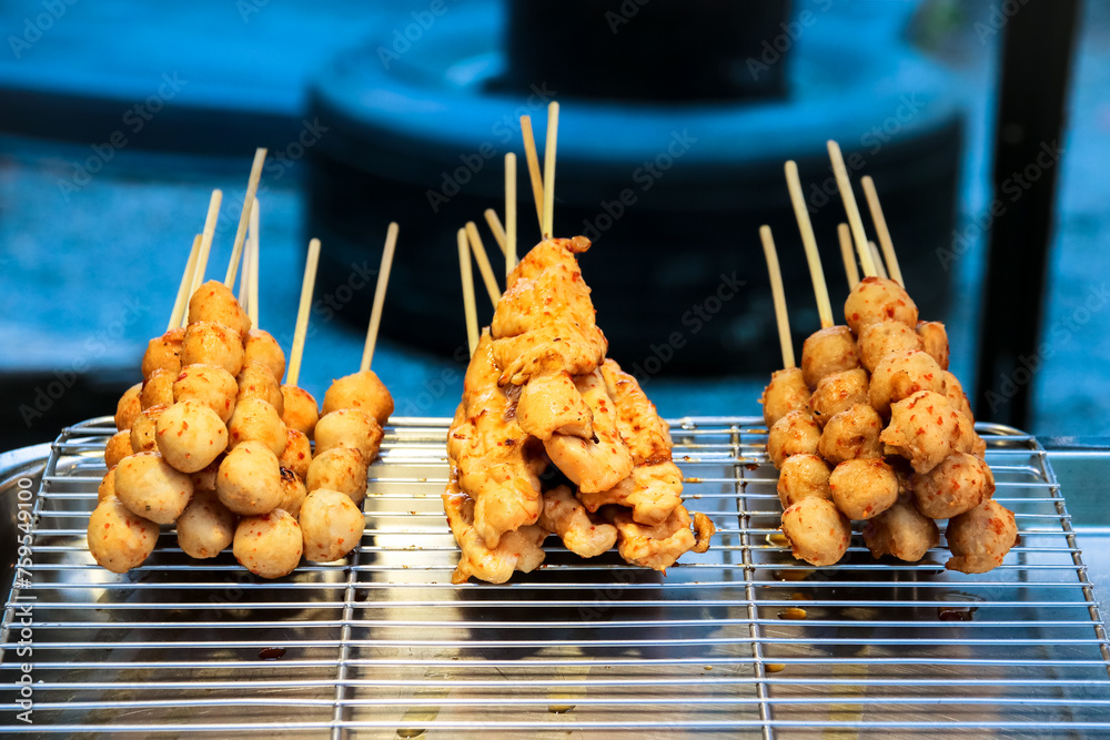 Chicken ball, fried chicken and pork ball topped with sweet spicy sauce ...
