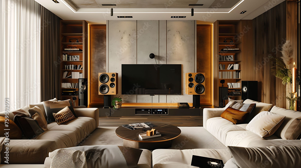 Cozy modern living room designed for music lovers, with a dedicated ...