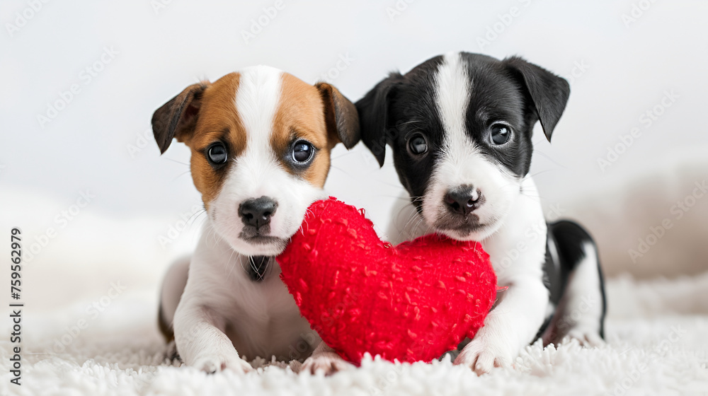 Two puppys with a toy heart on a white background,puppies Bernese ...