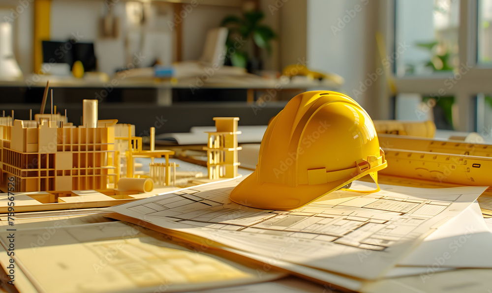 Construction blueprints and a yellow helmet placed against a ...