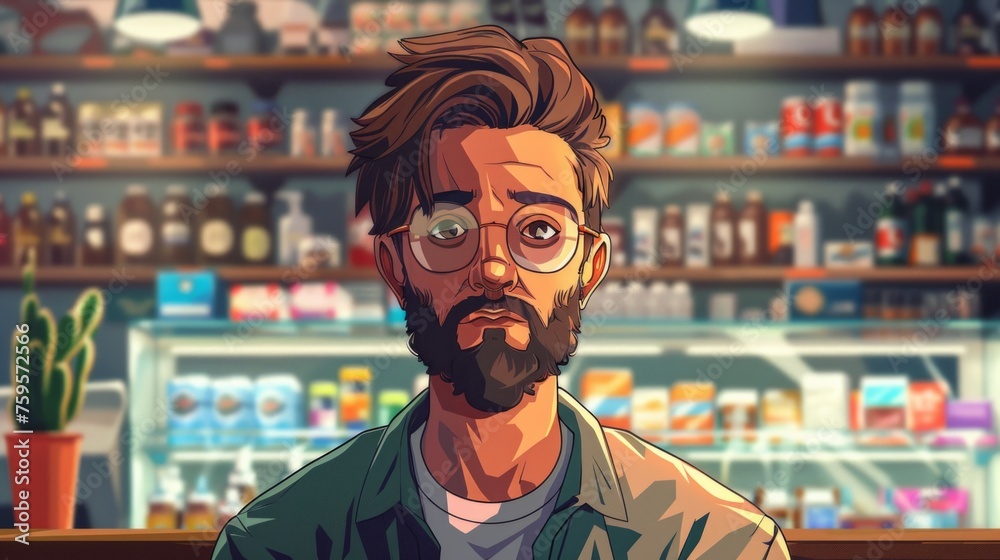 comic, cartoon style Drug dealer with Many types of drugs lying on ...