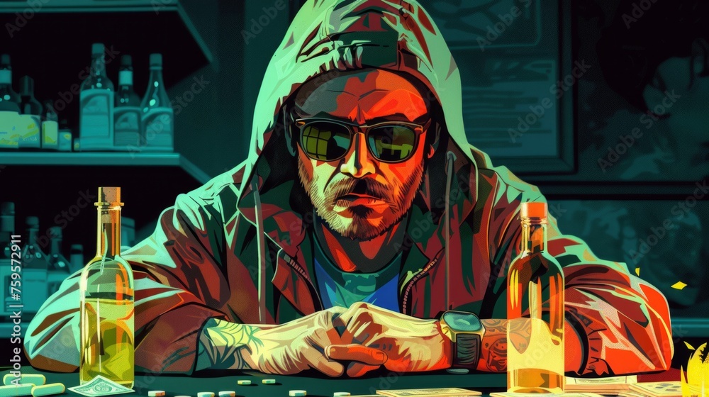 comic, cartoon style Drug dealer with Many types of drugs lying on ...