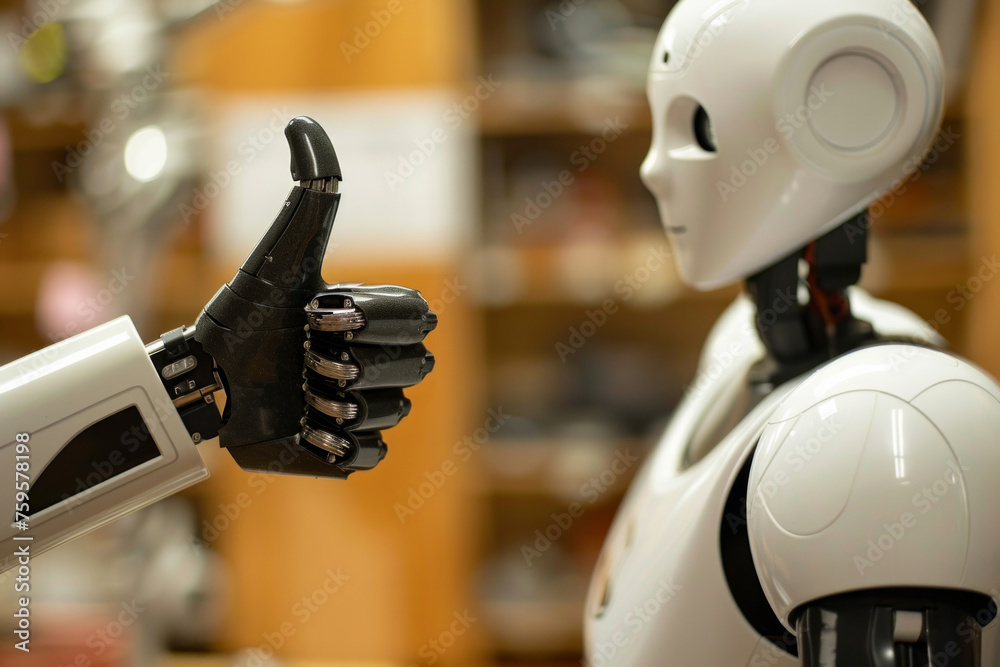 A robot with a thumbs up gesture is standing next to another robot. The ...