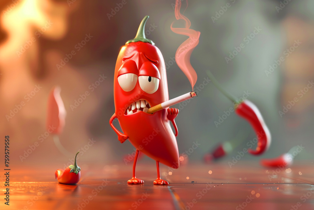 A cartoon pepper is smoking a cigarette. The cigarette is in the air ...