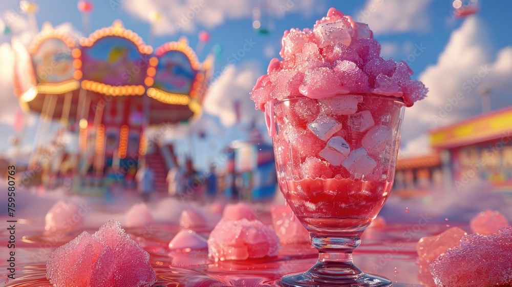 Shaved ice with bubblegum syrup at a 3D cartoon carnival, rides and ...