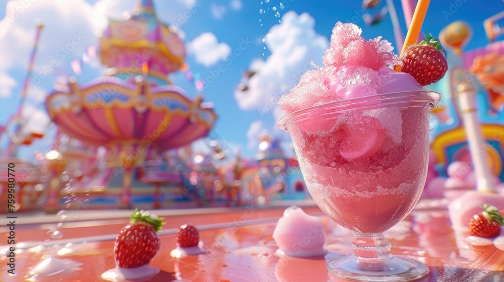 Shaved ice with bubblegum syrup at a 3D cartoon carnival, rides and ...