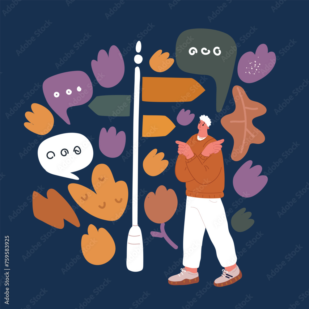 Cartoon vector illustration of it is too much ways, man and directions ...