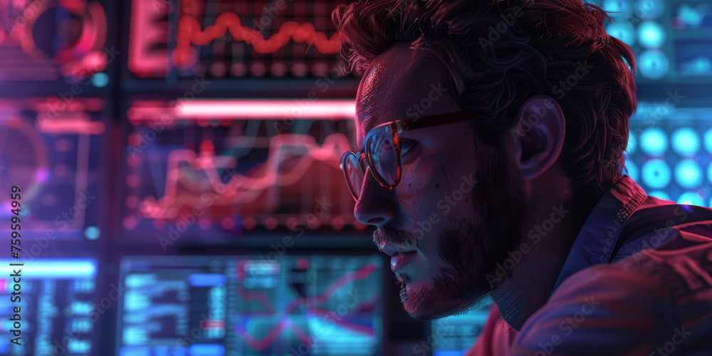 Analyst views multiple computer screens showing dynamic financial data ...