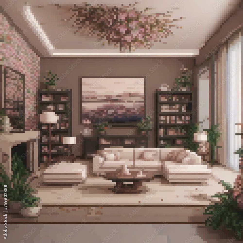pixel art of a luxurious living room is set up in a modern style with a ...