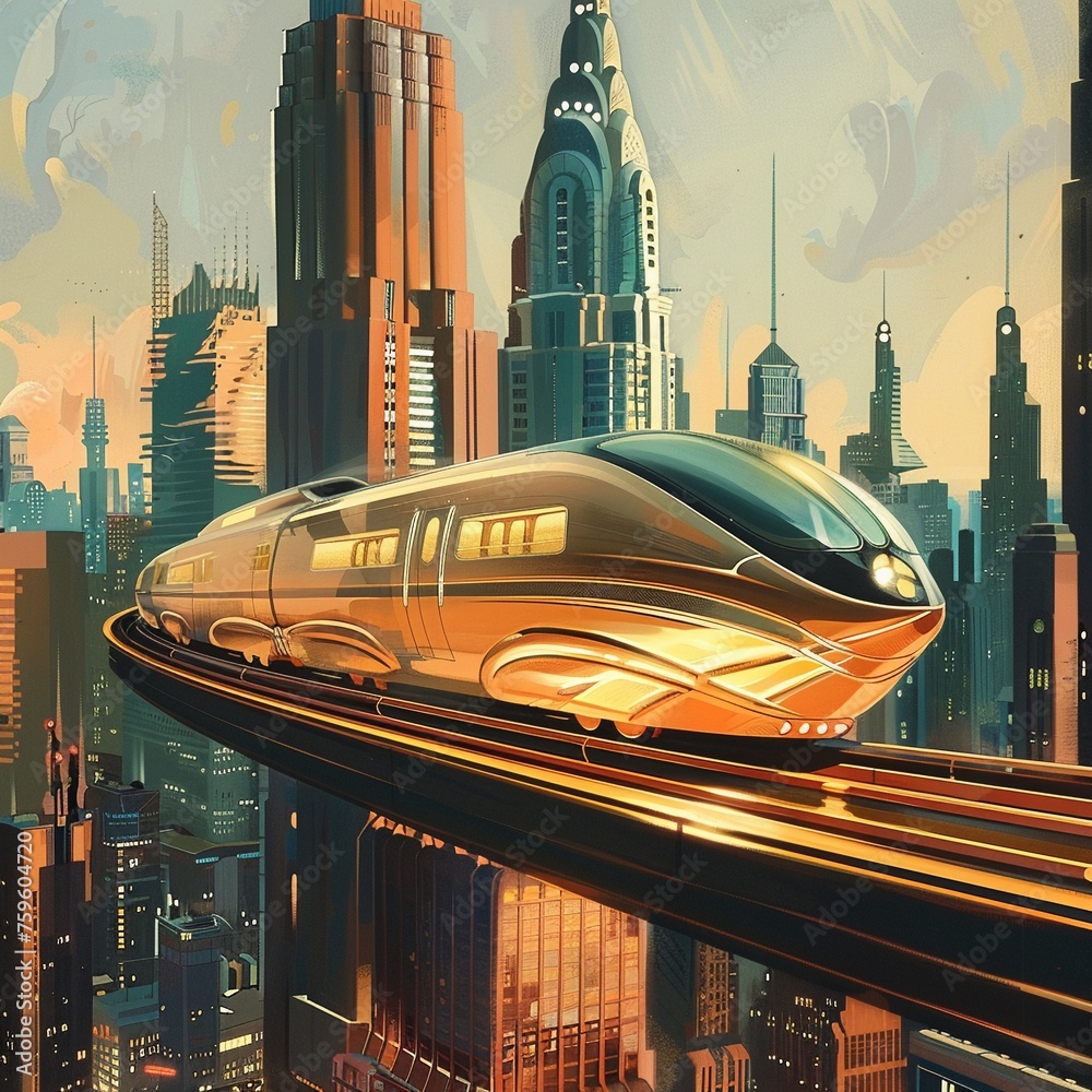 Sleek hover train passing by art deco buildings. Fusion of the golden ...