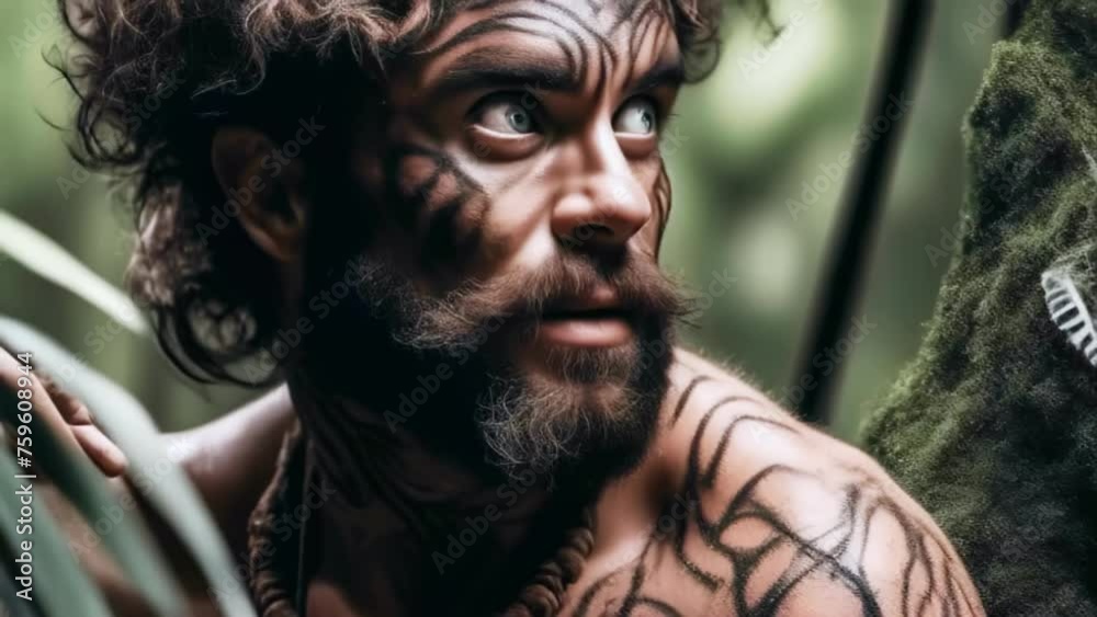 primitive man, savage dressed in skins in forest, Stone age man in ...