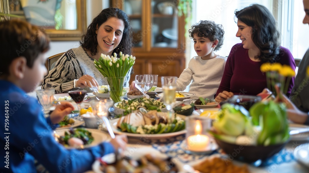 A family gathers around the Seder table, celebrating Passover with ...
