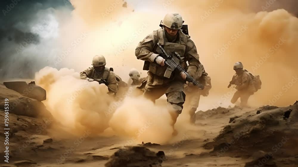Soldiers holding rifles in the midst of war, conveying the intensity ...
