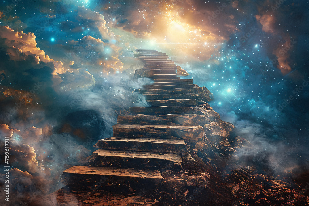 Stone stairs leading to heaven through a space nebula, heaven concept ...