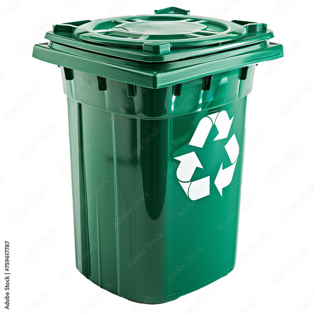 Green garbage bin with recycling symbol, isolated on transparent ...