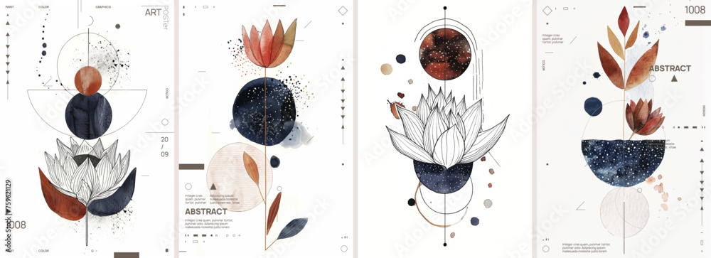 A set of modern abstract watercolor posters featuring botanical ...