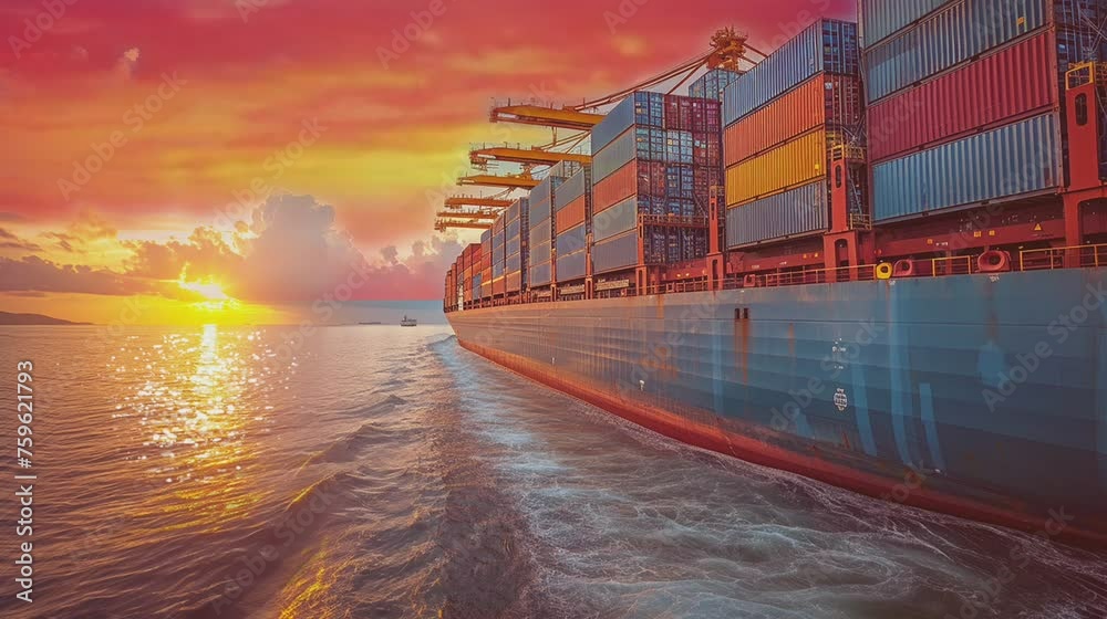 Side view of cargo ship carrying many stack of containers is crossing the ocean. Large freight ...