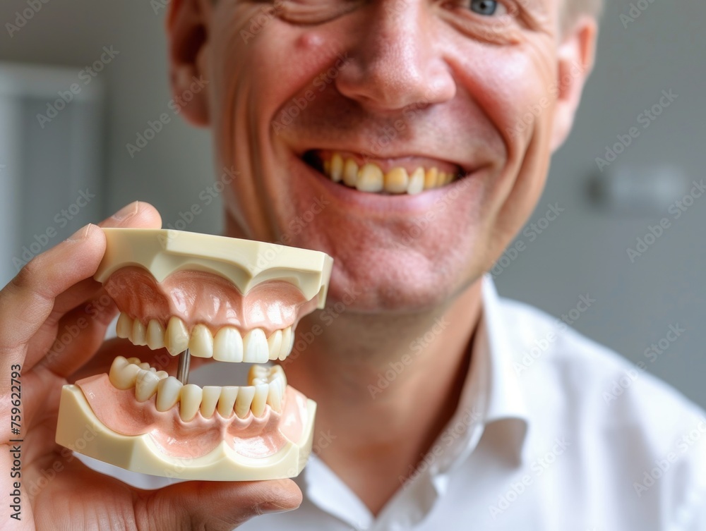 A man in a white shirt smiles while holding up a detailed model of ...