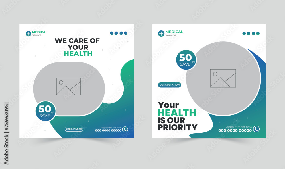 Medical service social media post design template, healthcare social ...