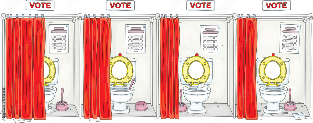 Polling booths with toilet seats behind curtains for voting in an ...