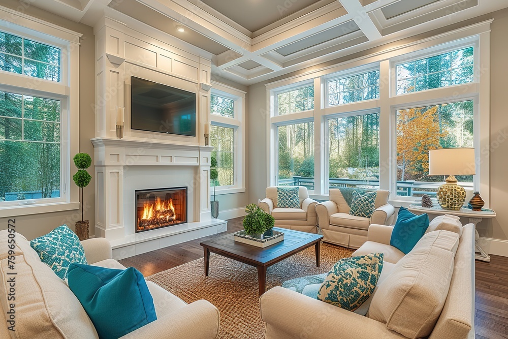 Beautiful living room interior with hardwood floors and fireplace in ...