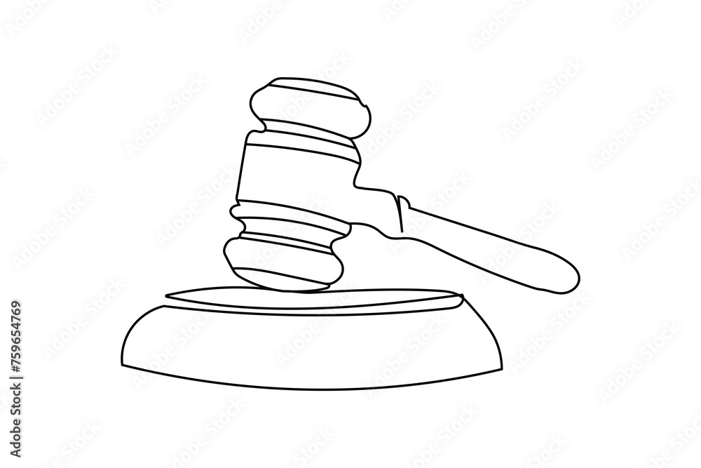 Continuous line drawing of hammer judge on Black and white background ...
