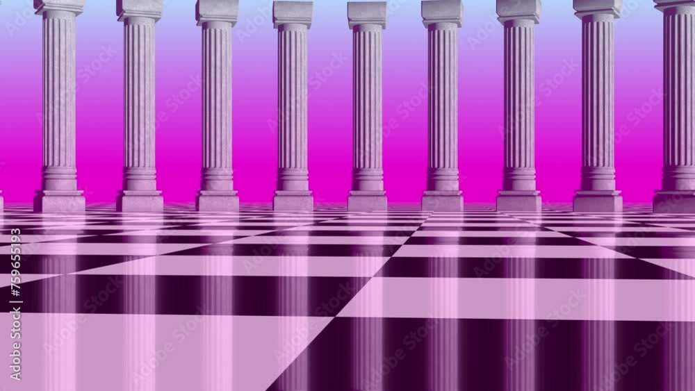 Aesthetic landscape with colonnade of white pillars with surreal black ...