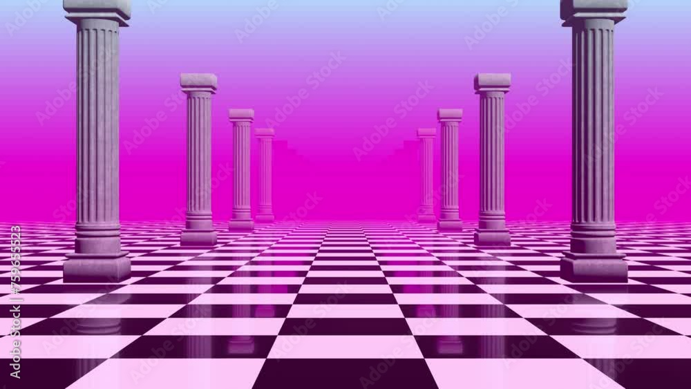 Aesthetic landscape with colonnade of white pillars with surreal black ...