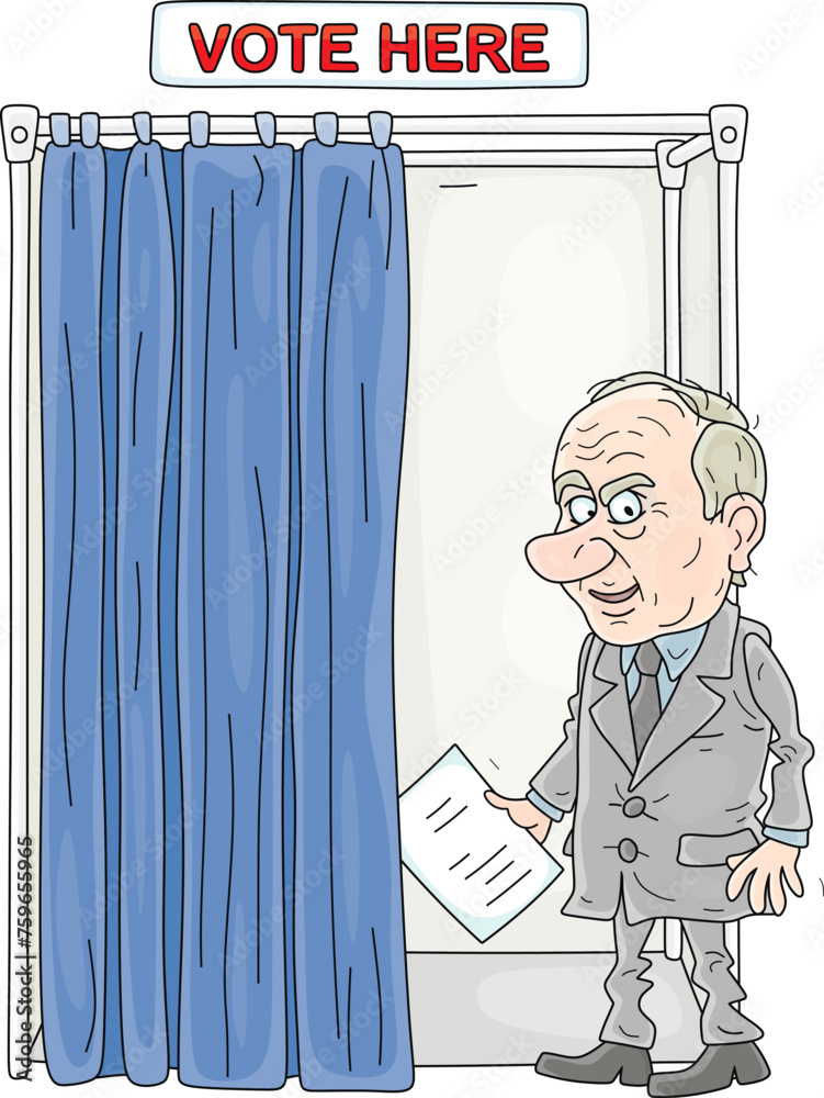 Angry elderly voter with his ballot near a polling booth for voting in ...