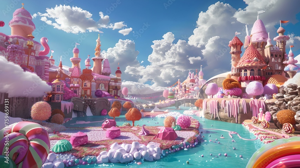 Whimsical candyland with pink castles and fluffy clouds. a concept art ...